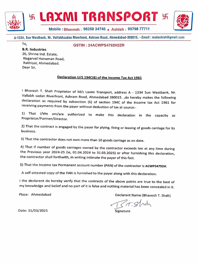 Laxmi Transport Tax Declaration 2025 | PDF