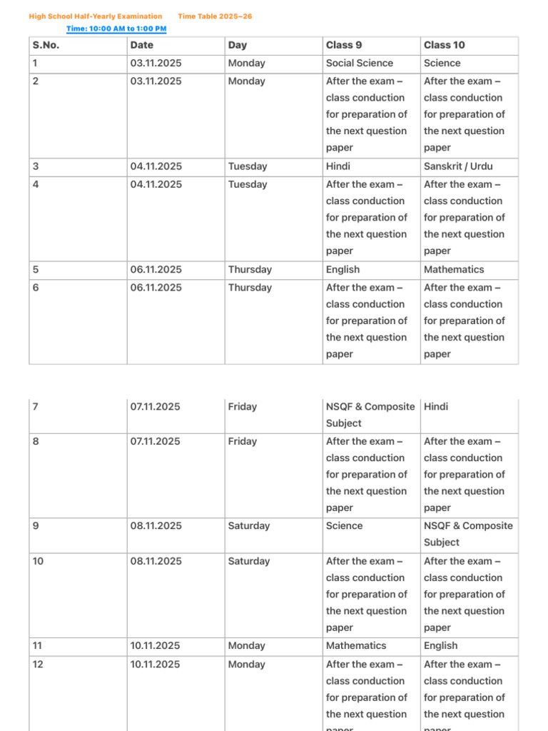 High School Half-Yearly Examination Time Table 2025-26 | PDF