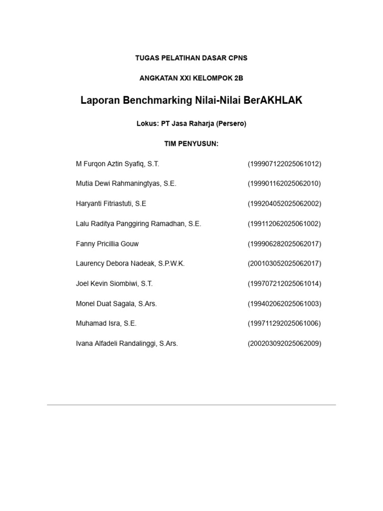 Kelompok 2B - Laporan Benchmarking Nilai-Nilai BerAKHLAK | PDF