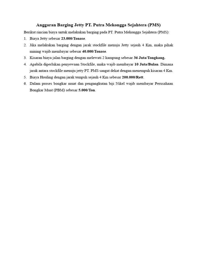 Anggaran Barging Jetty PT. PMS | PDF