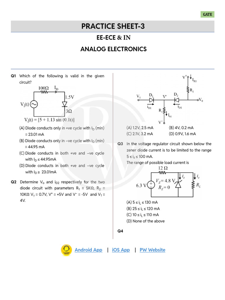 Diode Circuits - Practice Sheet 03 | PDF | Rectifier | Power Engineering
