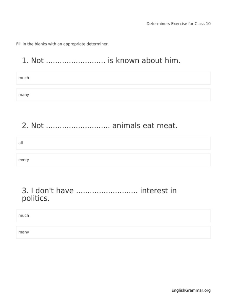 Determiners Exercise For Class 10 | PDF | Chess Theory | Chess