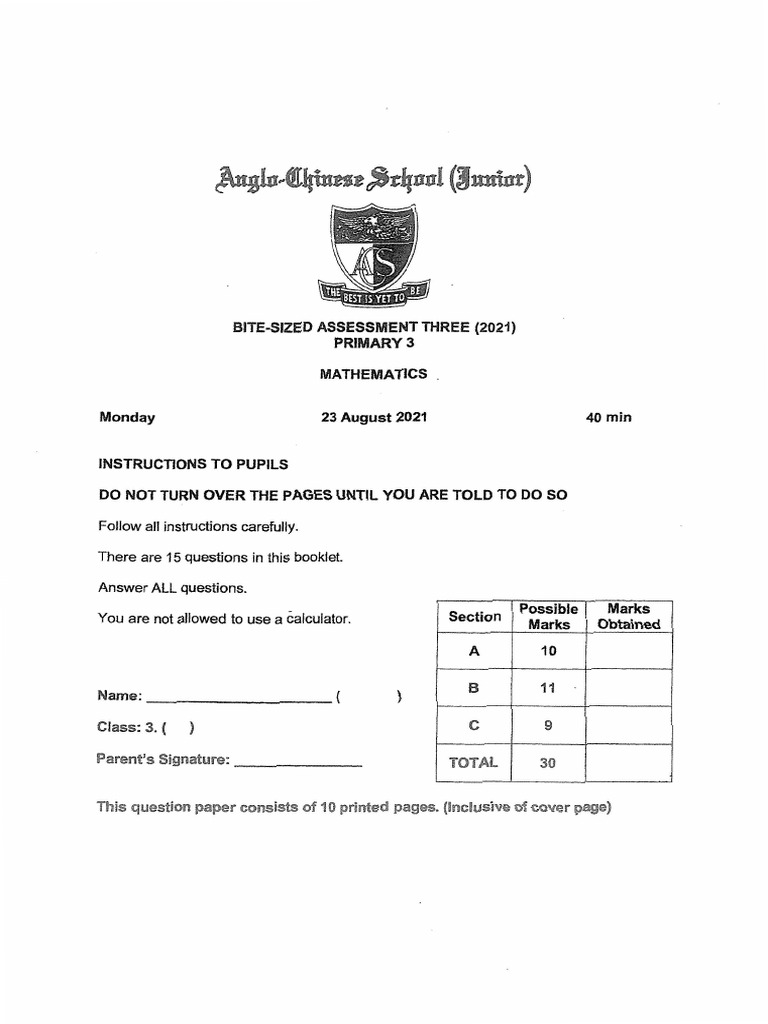 P3 Maths 2021 ACSJ BA3 Papers | PDF