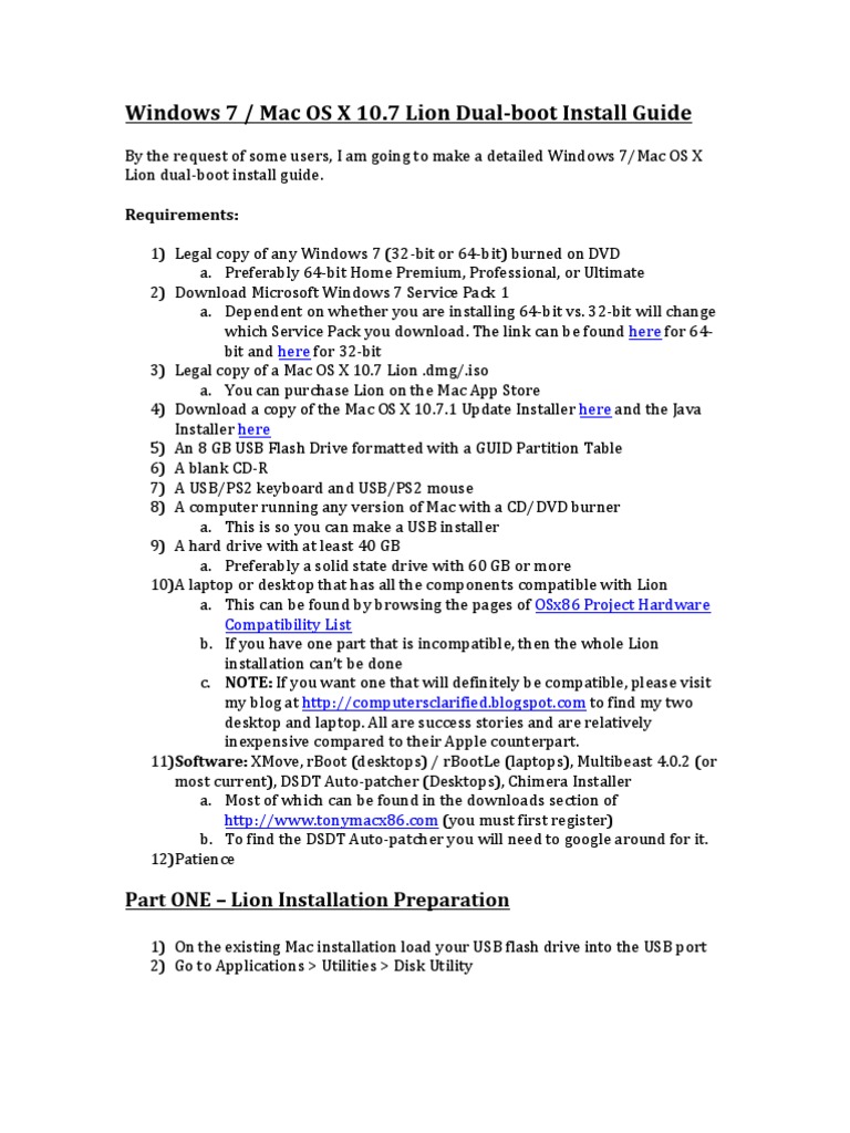 Windows 7 / Mac OS X 10.7 Lion Dual - Boot Install Guide | PDF | Installation (Computer Programs ...