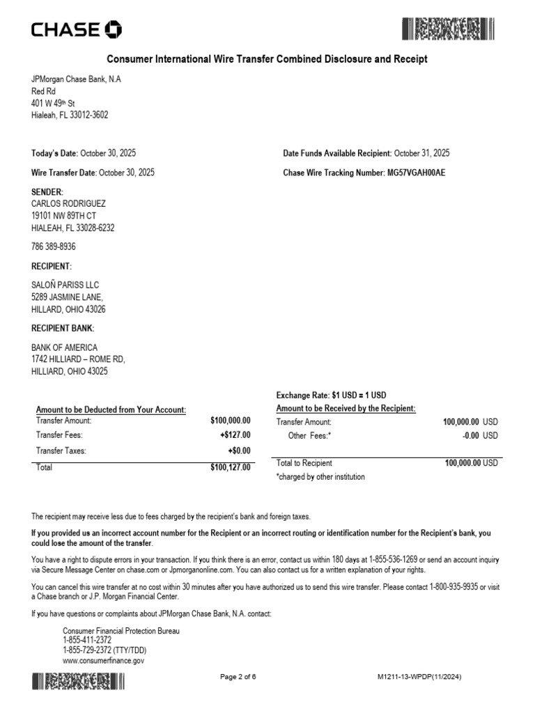 Chase Wire Transfer Receipt 2025 | PDF | Wire Transfer | Chase Bank
