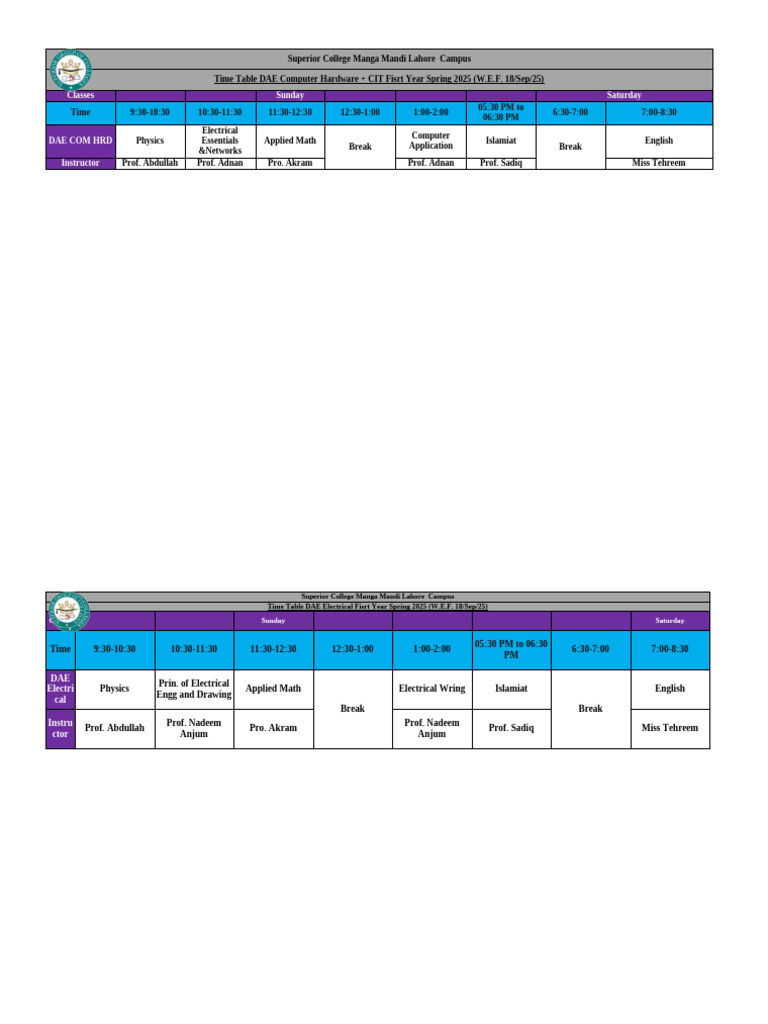 DAE ALL Time Tables Weekend | PDF | Physical Sciences