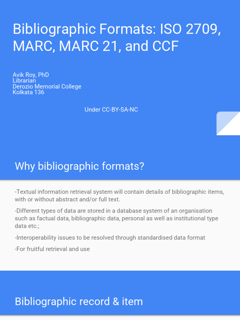 Bibliographic Formats - IsO 2709, MARC, MARC 21, and CCF | PDF ...
