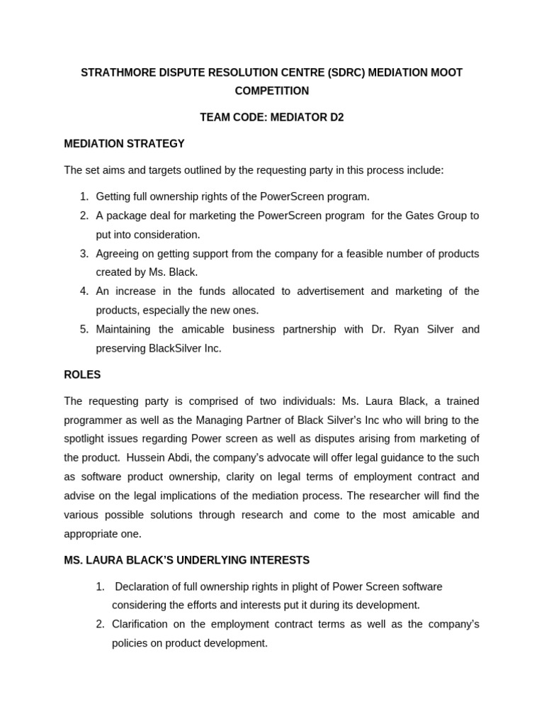 Draft Laura Black's Mediation Plan | PDF | Royalty Payment | Mediation
