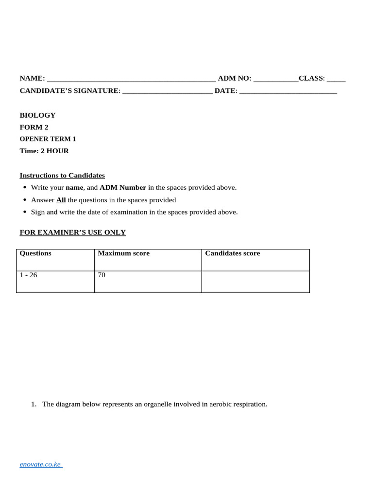Form 2 Biology QS Opener Term 1 2025 | PDF | Biology | Cell Biology