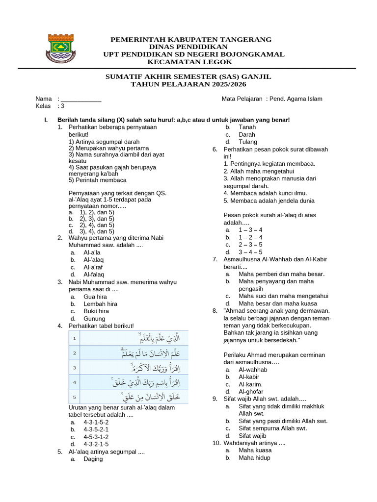 SOAL SAS PAI KLS 3 | PDF
