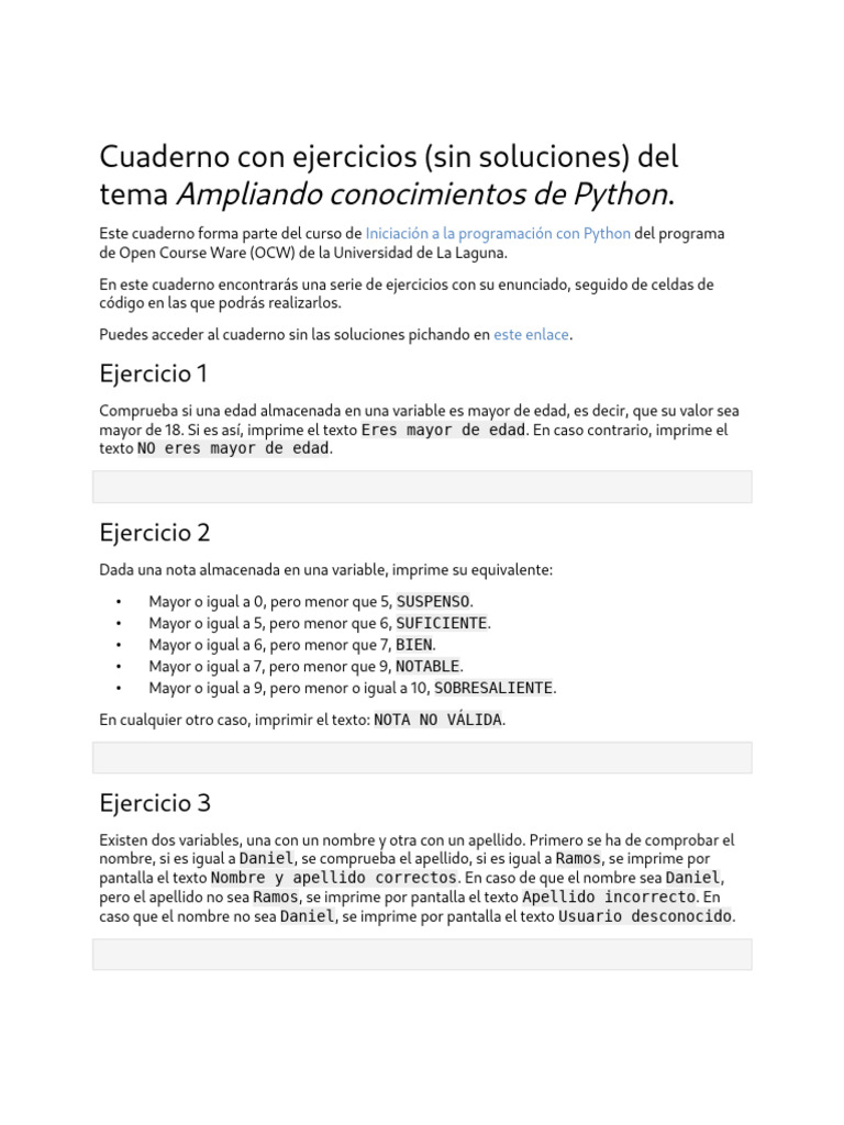 Ejercicios (Sin Soluciones) - Ampliando Conocimientos de Python. Iniciación A La Programación ...