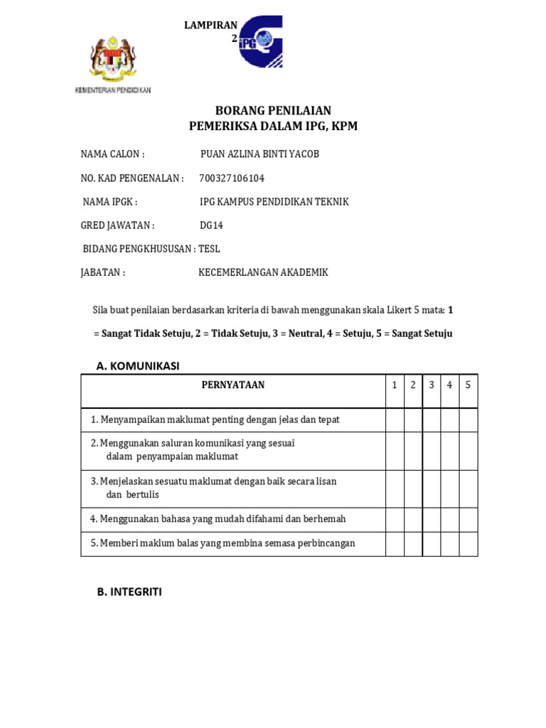 Borang Penilaian Pemeriksa Dalam IPG | PDF