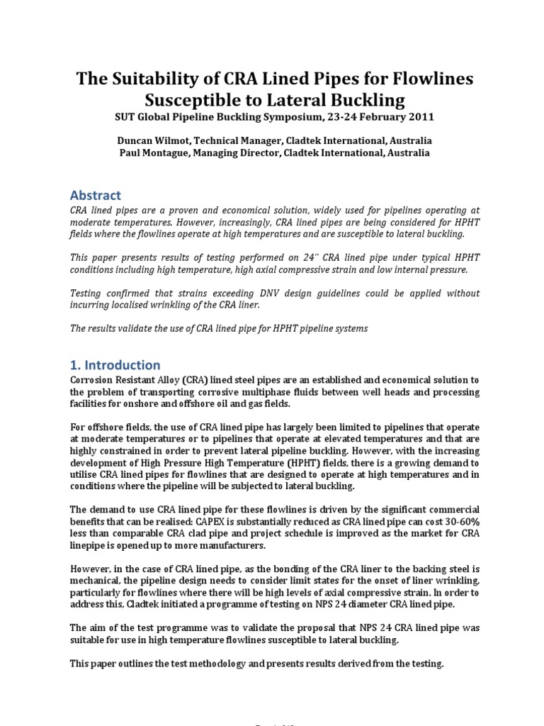The Suitability of CRA Lined Pipes For Flowlines Susceptible To Lateral Buckling | PDF | Pipe ...