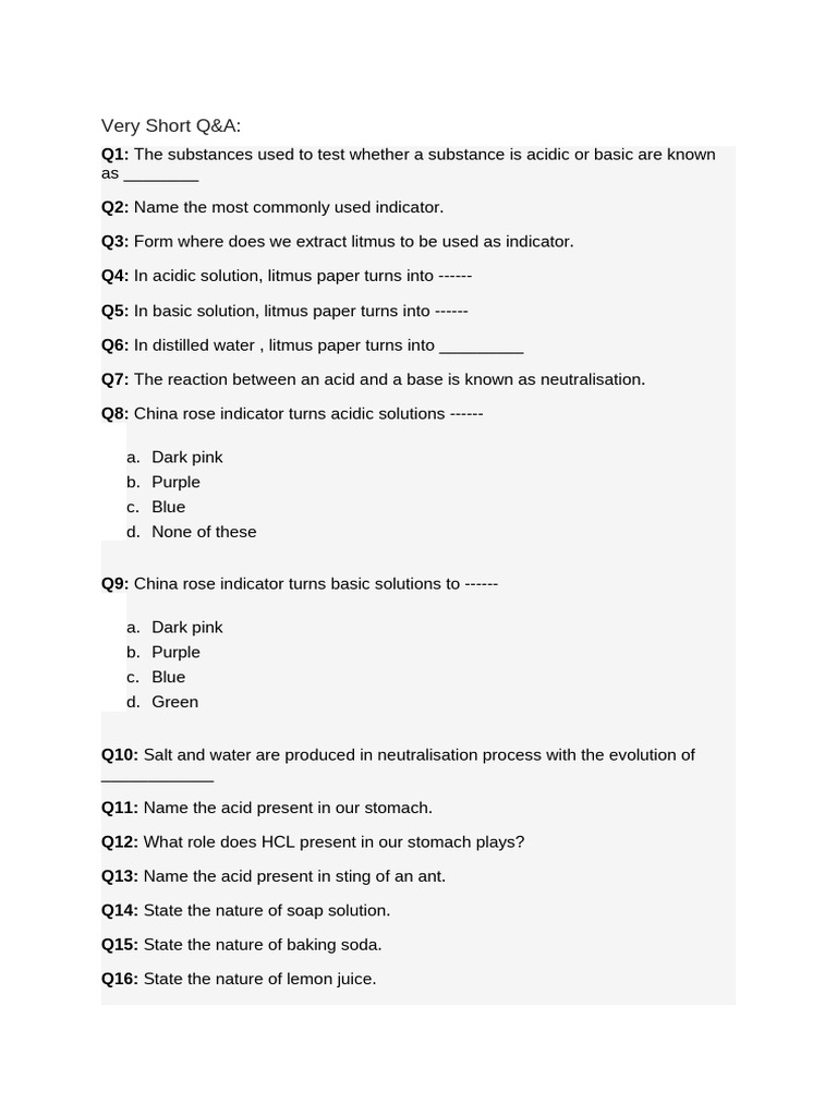 Acid, Base, and Salt Q&A for Class 7 | PDF | Acid | Ph