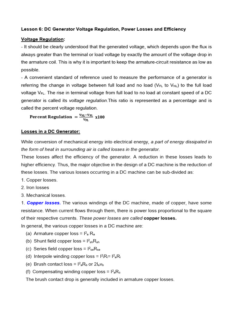 Lesson 6 Generators Voltage Regulation Power Losses and Efficiency ...
