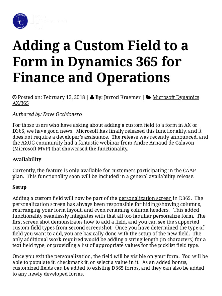 Custom Field Addition in Dynamics 365 | PDF | Software | Computing