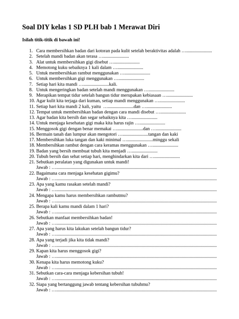 Soal DIY Kelas 1 SD PLH Bab 1 Merawat Diri | PDF