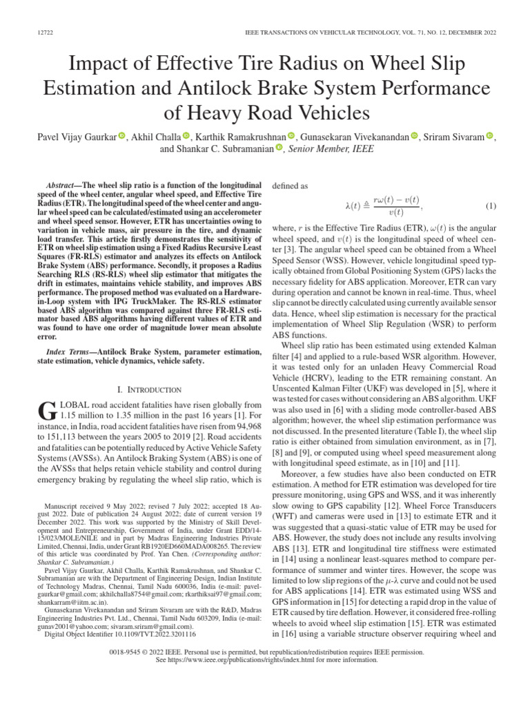 Impact of Effective Tire Radius On Wheel Slip Estimation and Antilock ...