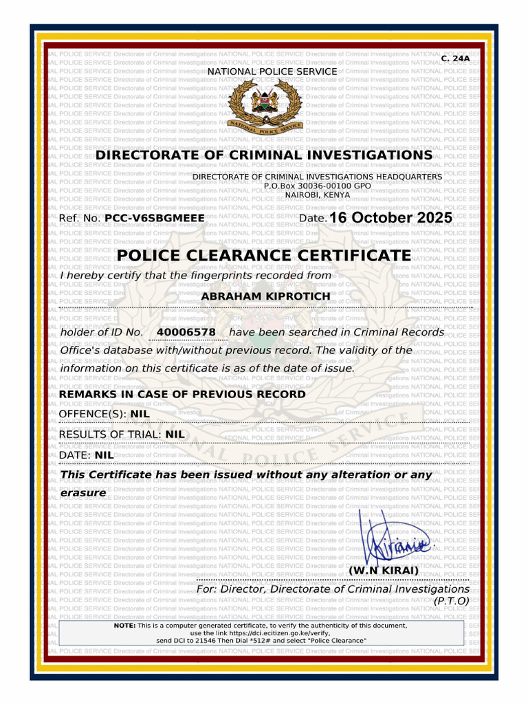 Pcc-V6sbgmeee-Police Clearance Certificate WK Kipro | PDF