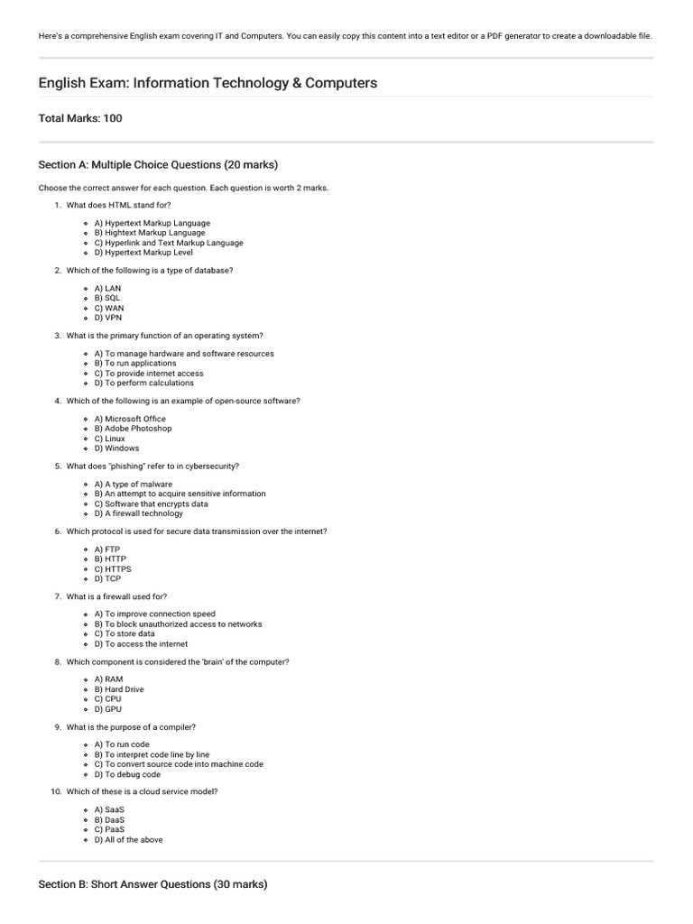 English Programming Exam - 1 | PDF | Firewall (Computing) | Internet