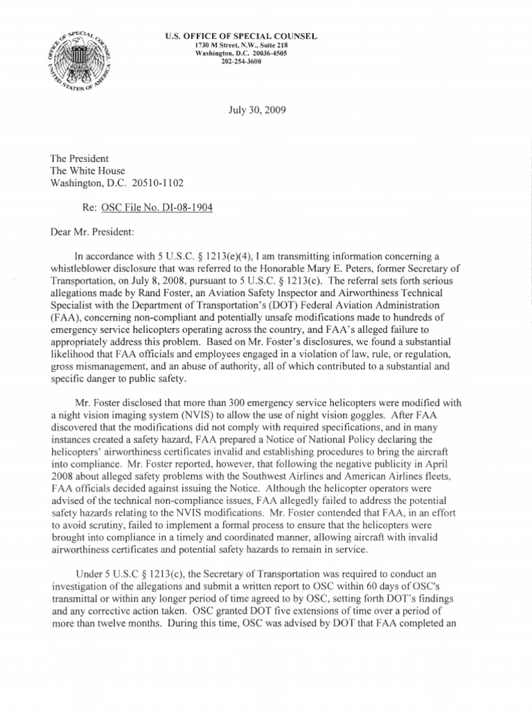 OSC Letters | Federal Aviation Administration | Government
