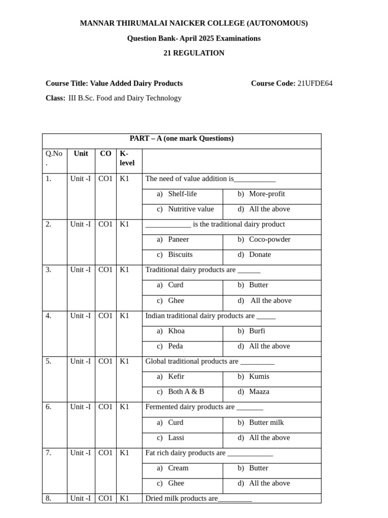 Value Added Dairy Products Question Bank | PDF | Milk | Cattle Products