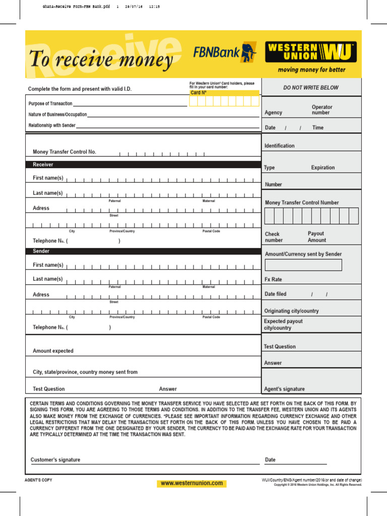 FBNBank Western Union Receive Money Form | PDF | Wire Transfer | Money