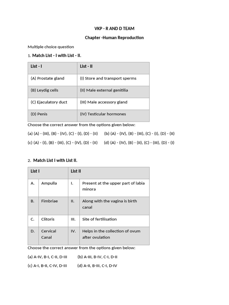 Mcq -Human Reproduction | PDF | Sperm | Dominance (Genetics)