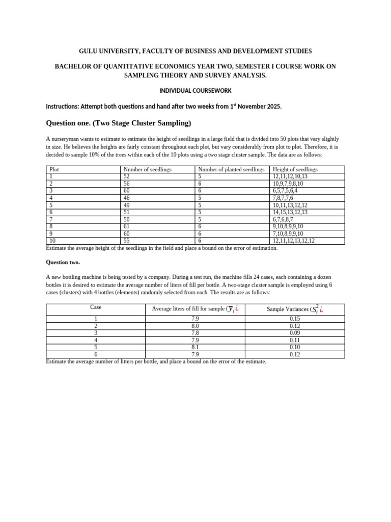 Sampling Theory Course Work One | PDF | Sampling (Statistics) | Estimator