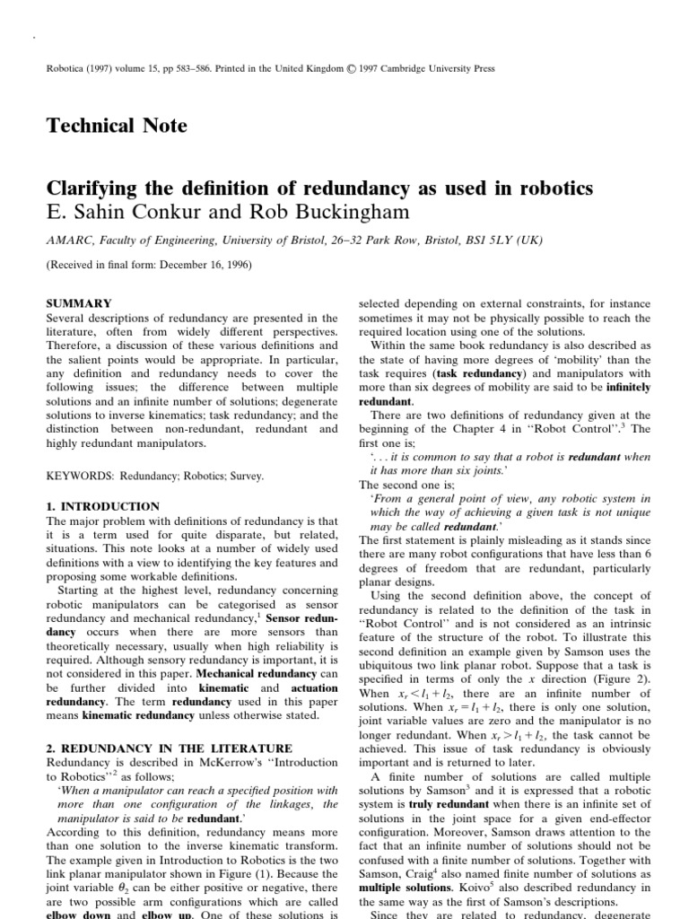 Defining Redundancy in Robotics | PDF | Robotics | Robot