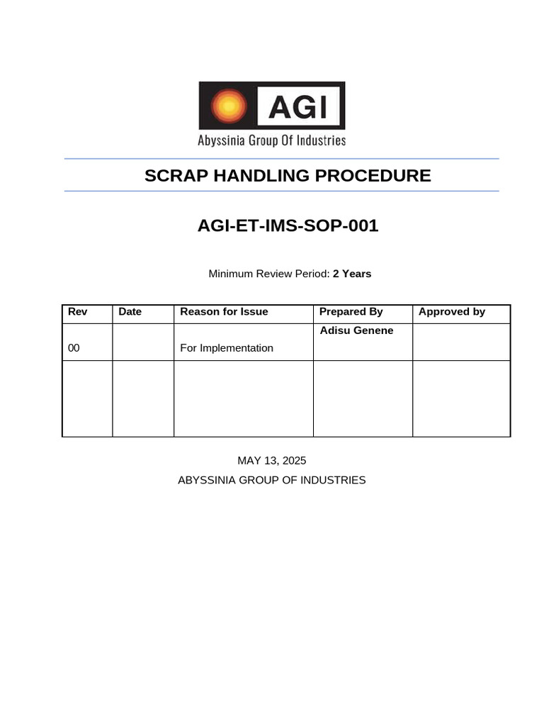 Agi Et Ims Sop 001 Standard Operating Procedure For Scrap Handling ...