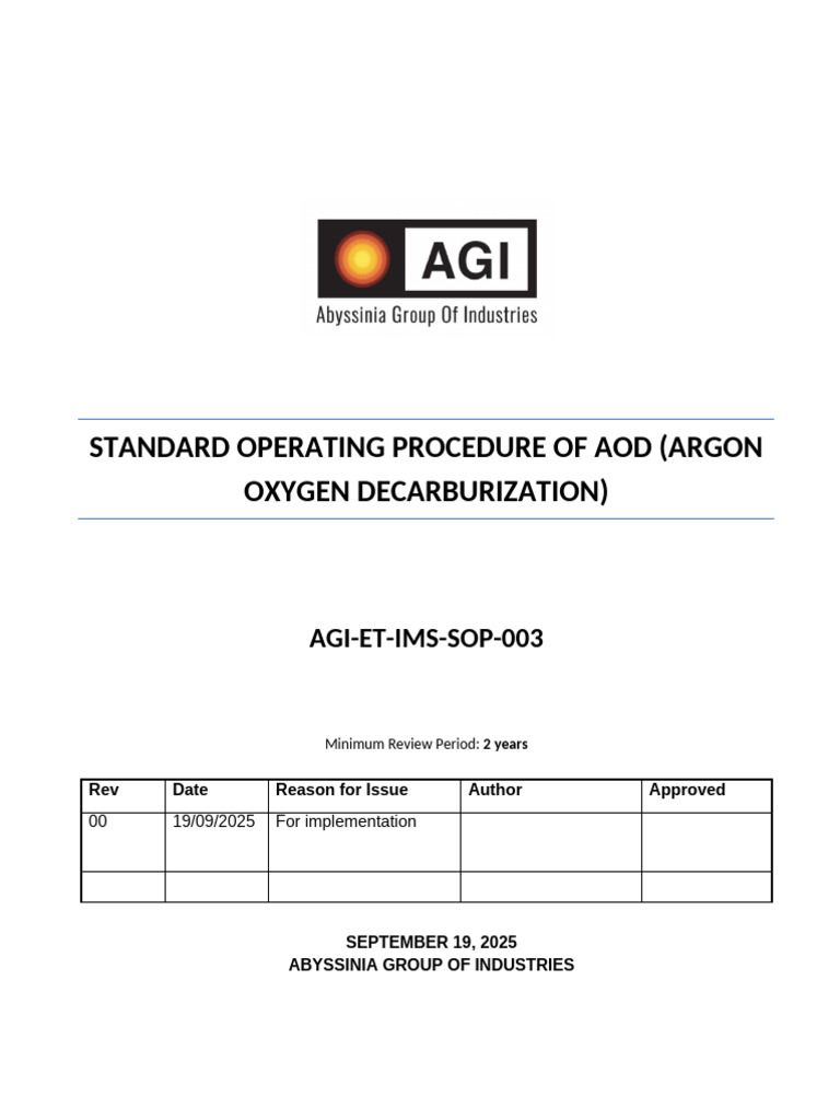 Agi-et-ims-sop-003-Standard Operating Procedure of Aod (Argon Oxygen Decarburization) | PDF ...