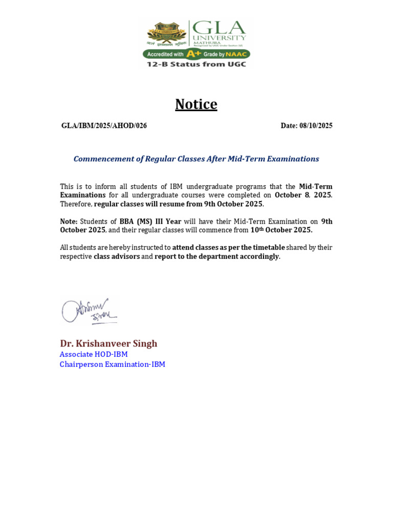 Commencement of Regular Classes After Mid-Term Examinations | PDF
