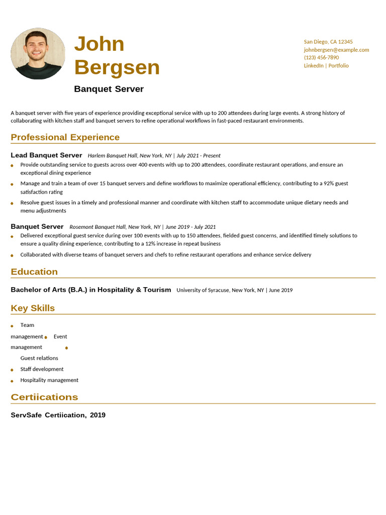 Banquet Server Resume Example | PDF