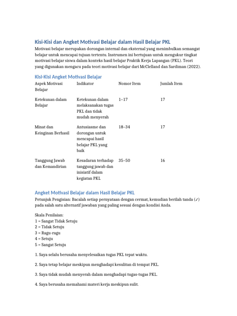 Angket Motivasi Belajar Hasil Belajar PKL | PDF