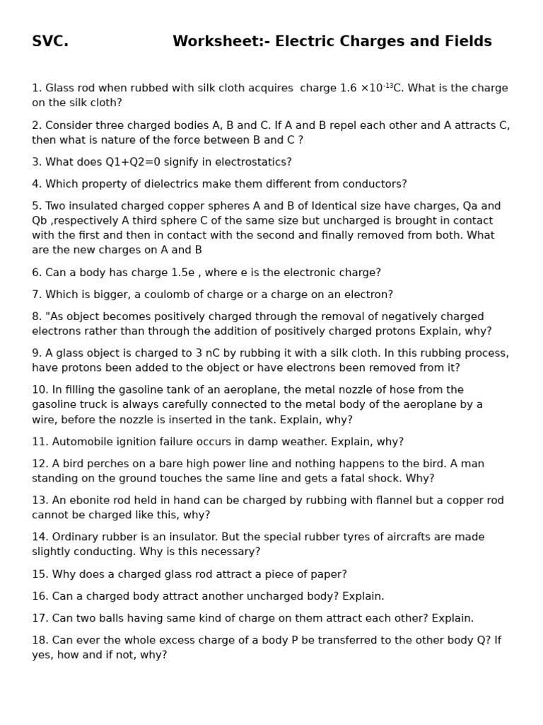 Electric Charge and Field Worksheet 1 April 3 | PDF