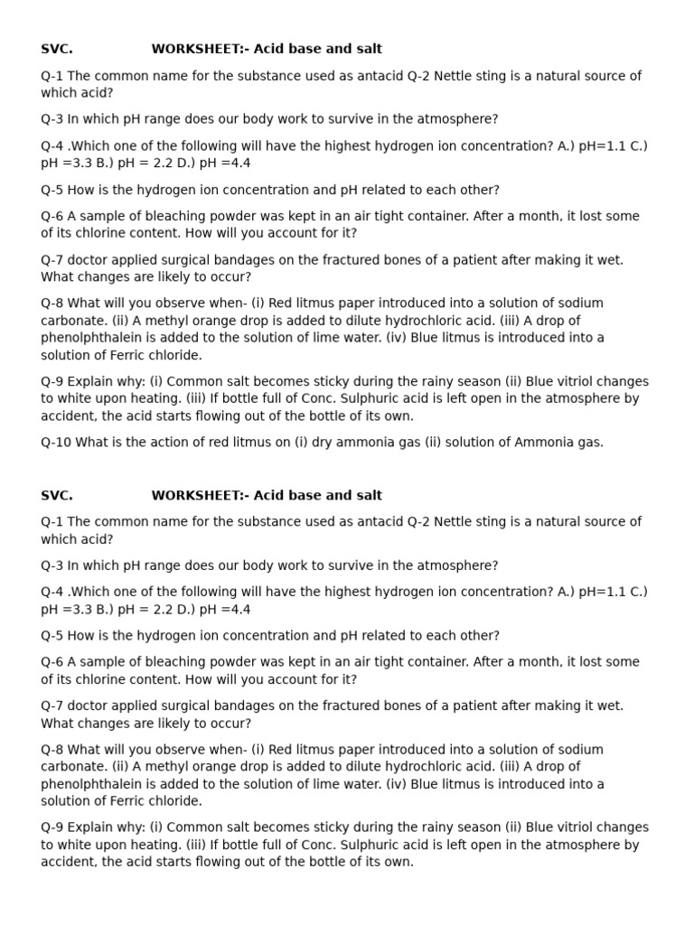 Acid Base and Salt Worksheet 30 Jan 24 | PDF | Acid | Ph