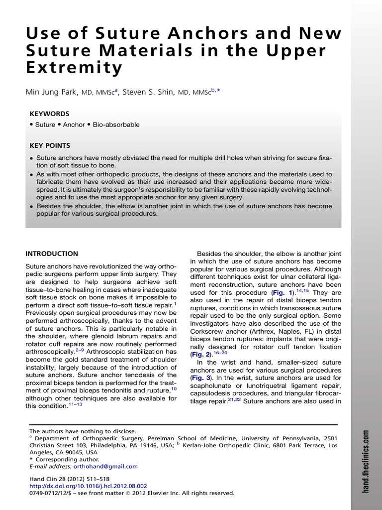 Use of Suture Anchors and New Suture Materials in The Upper Extremity ...