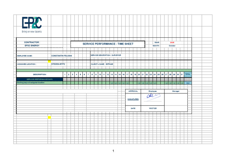 EP2C UK - Timesheet - 2025 - Projet STEGRA - C.peliVAN - October | PDF
