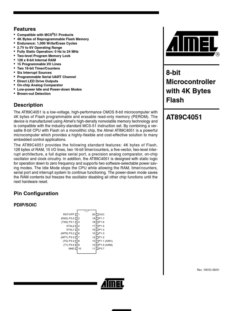 8-Bit Microcontroller With 4K Bytes Flash AT89C4051: Features | PDF ...