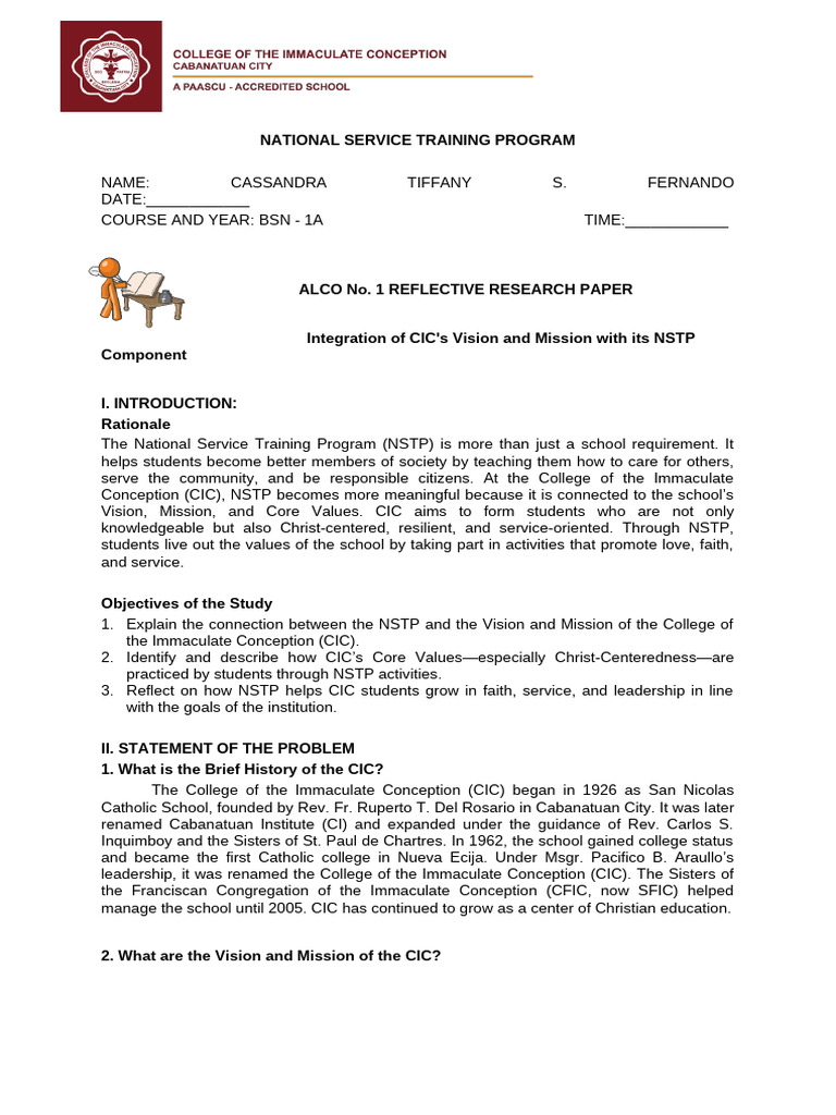 NSTP and CIC's Vision Integration | PDF | Integrity | Mass (Liturgy)