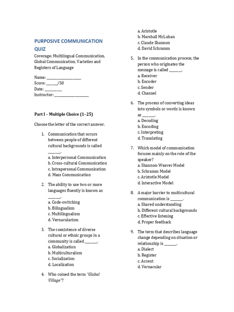 Purposive Communication Quiz 50 | PDF | Communication | Nonverbal Communication