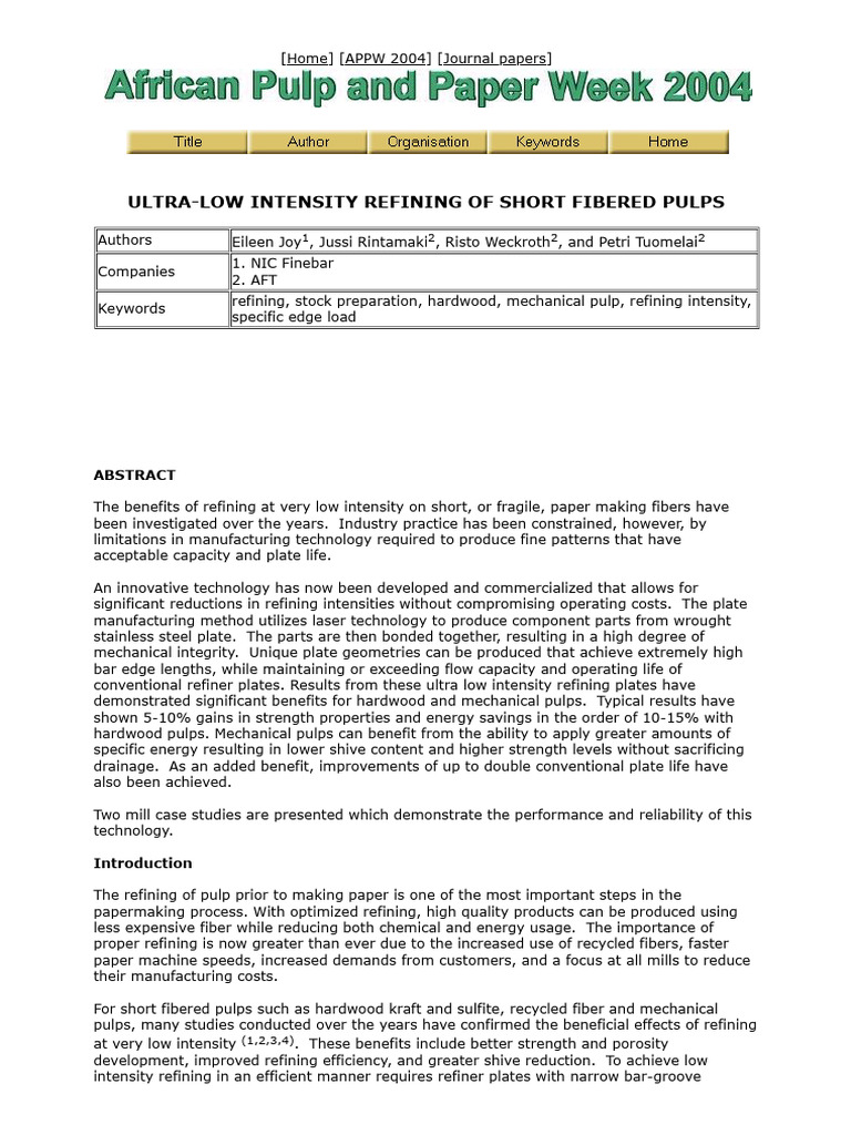 Ultra-Low Intensity Refining Benefits | PDF | Pulp (Paper) | Paper