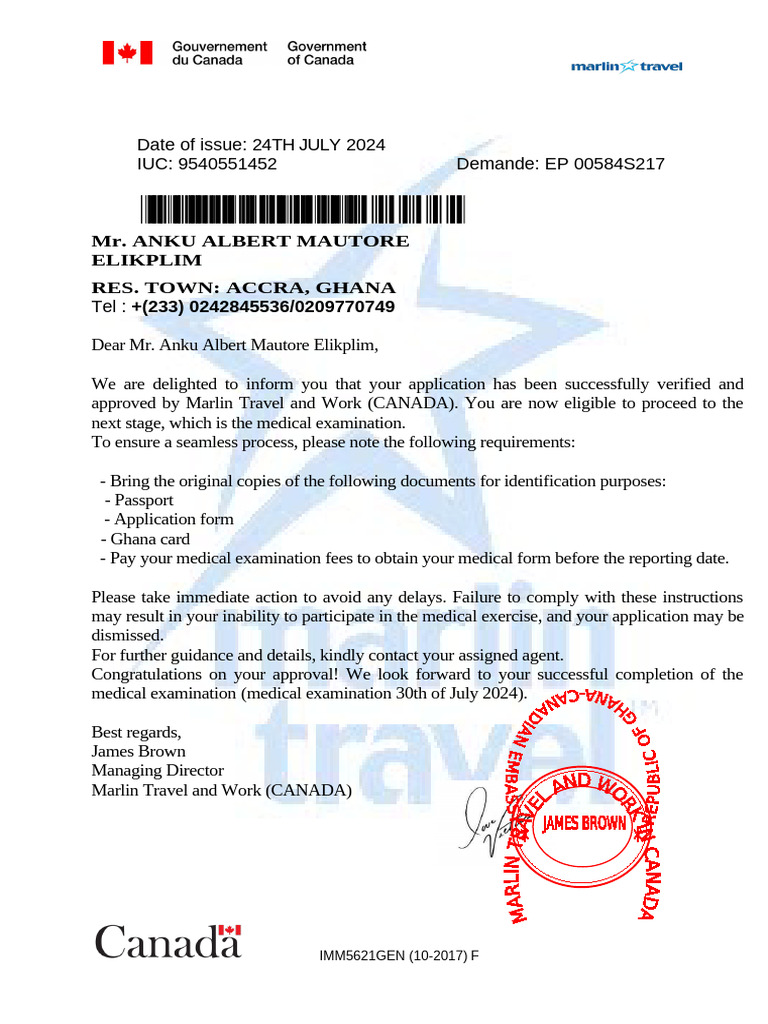 Approval and Entry-Confirmation-Letter of Mr. ANKU ALBERT MAUTORE ...