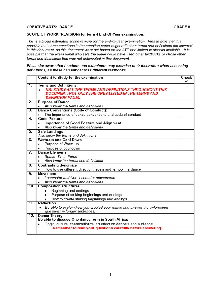 Grade 8 Dance Term 4 Content Scope of Work | PDF | Dances | Foot