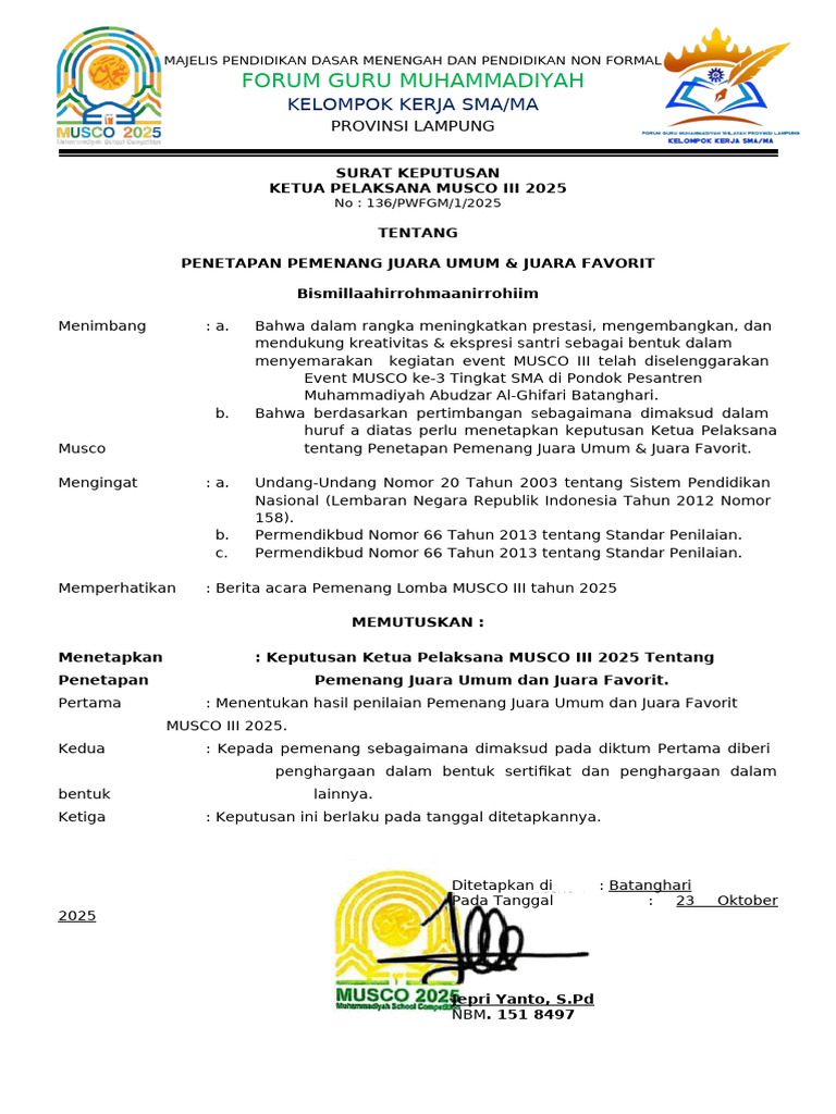 Pemenang MUSCO III 2025 di Lampung | PDF