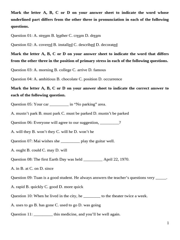 Pronunciation and Grammar Practice Questions | PDF | Jeans