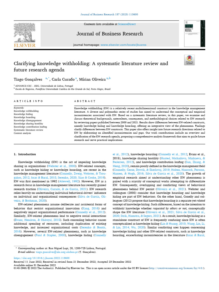 Clarifying Knowledge Withholding A Systematic Literat 2023 Journal of ...