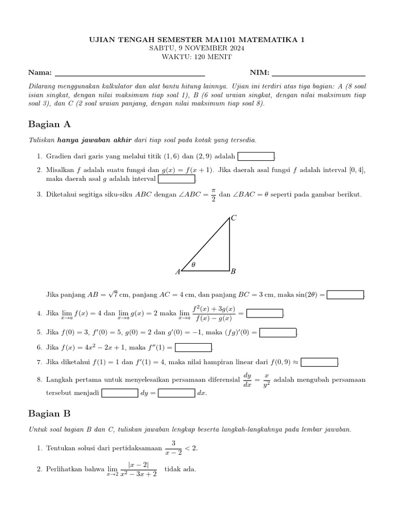 Soal UTS Kalkulus TPB ITB 2024 2025 | PDF