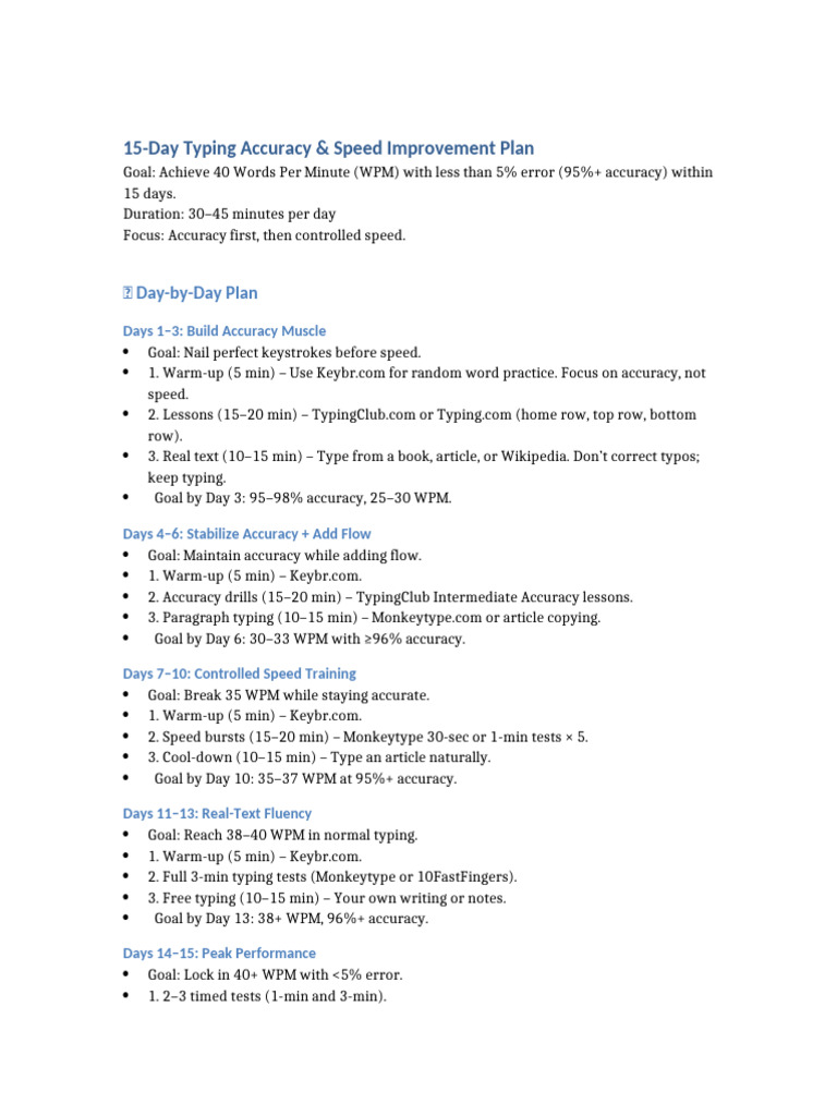 15-Day Typing Speed & Accuracy Plan | PDF